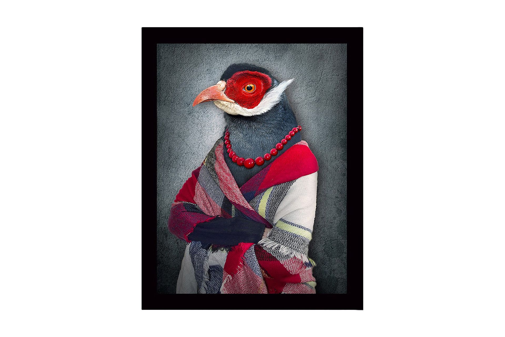 Innrammet lerret i tre - 41x56 cm - Fugl med klær og smykker i ...