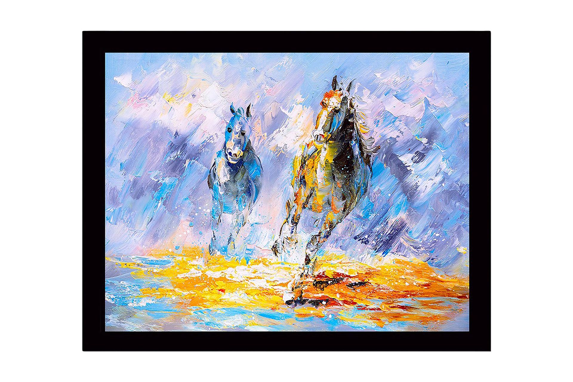 Innrammet lerret i tre - 41x56 cm - To hester galopperer fremover i en ...