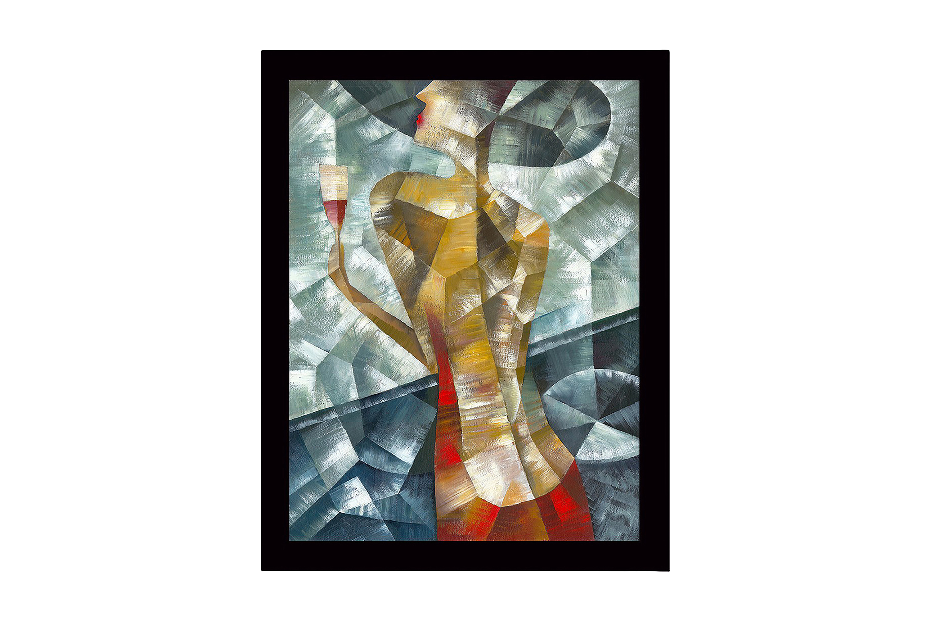 Innrammet lerretsbilde i tre - 41x56 cm - Stilisert kvinne med et glass i hånden Gull / Rød ...