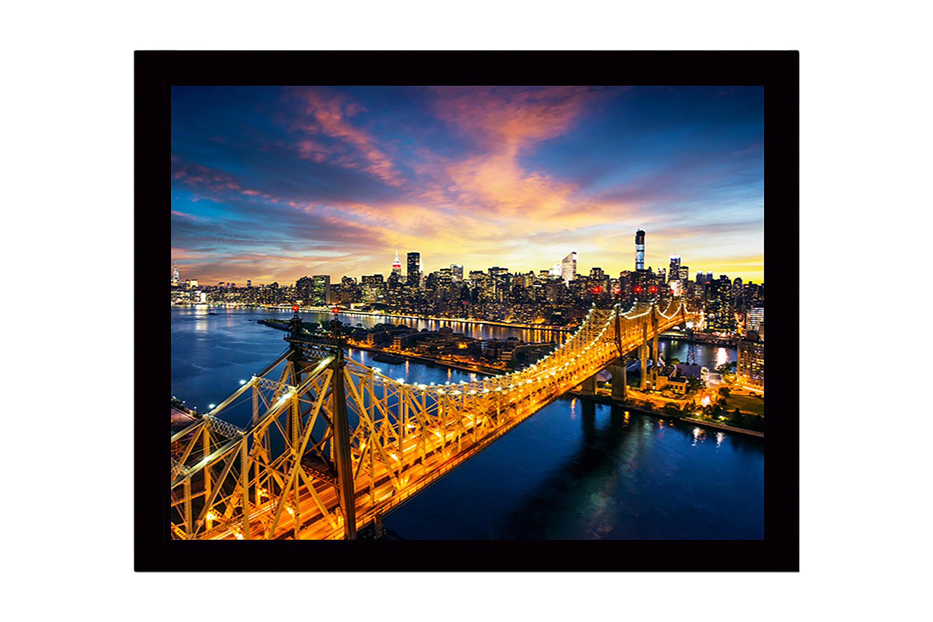 Innrammet lerretsbilde i tre - 41x56 cm - Vakkert bybilde av en bro med en glitrende skyline i ...