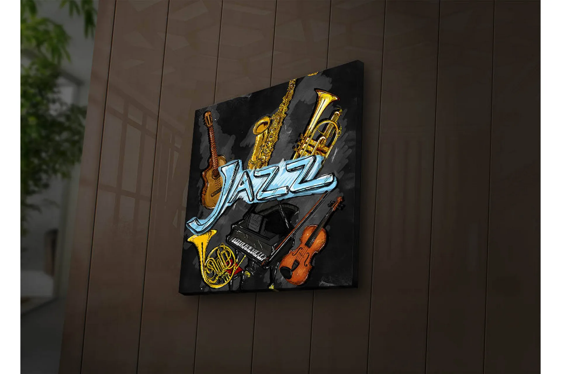 Lerret med LED-belysning 28x28 cm - Jazzinstrumenter i en livlig ...