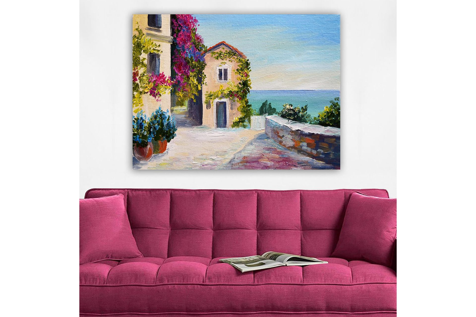 Lerretsbilde 70x100 cm - Malerisk kystscene med fargerike hus og ...