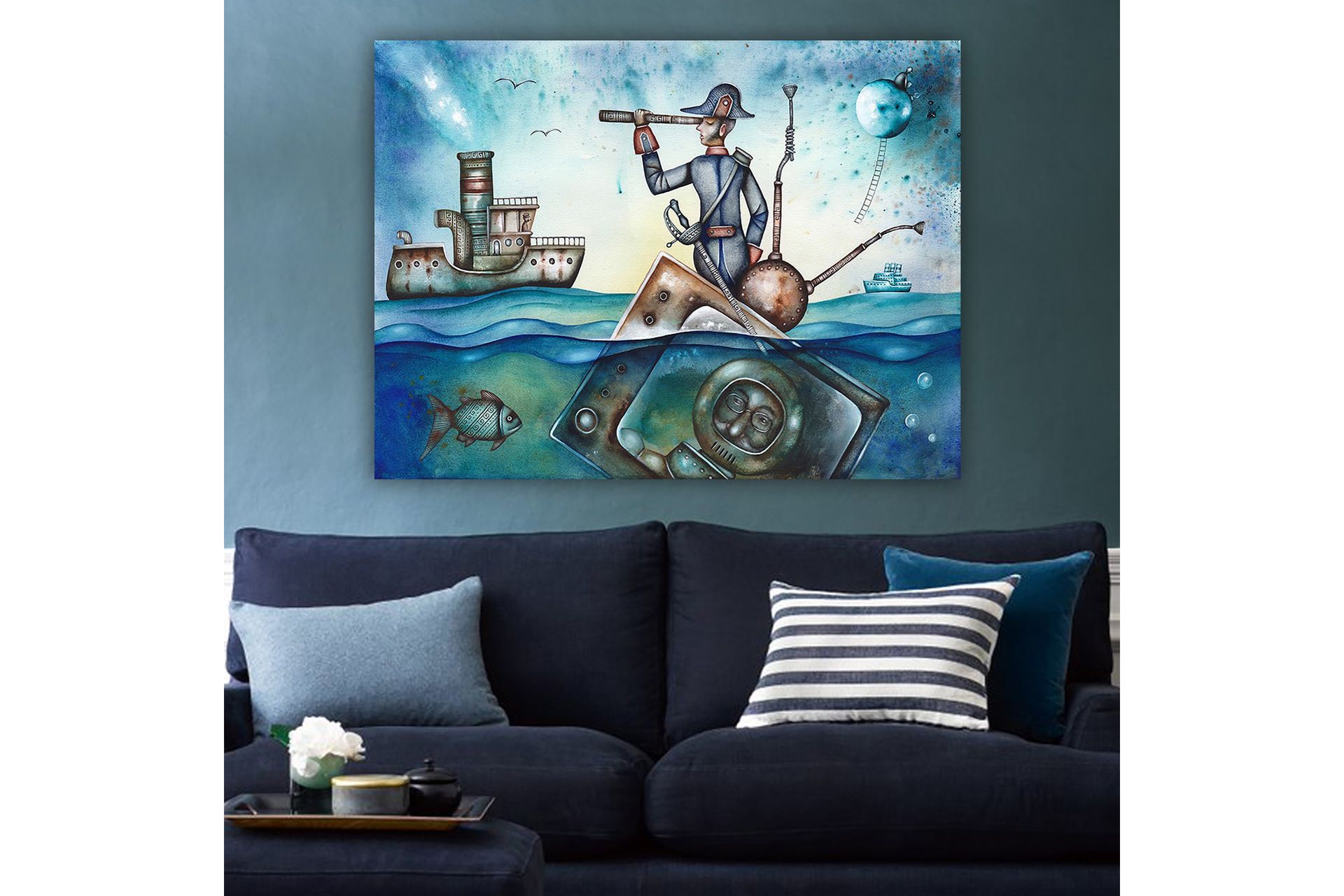 Lerretsbilde 70x100 cm - Sjømann som står på en båt og ser gjennom en ...