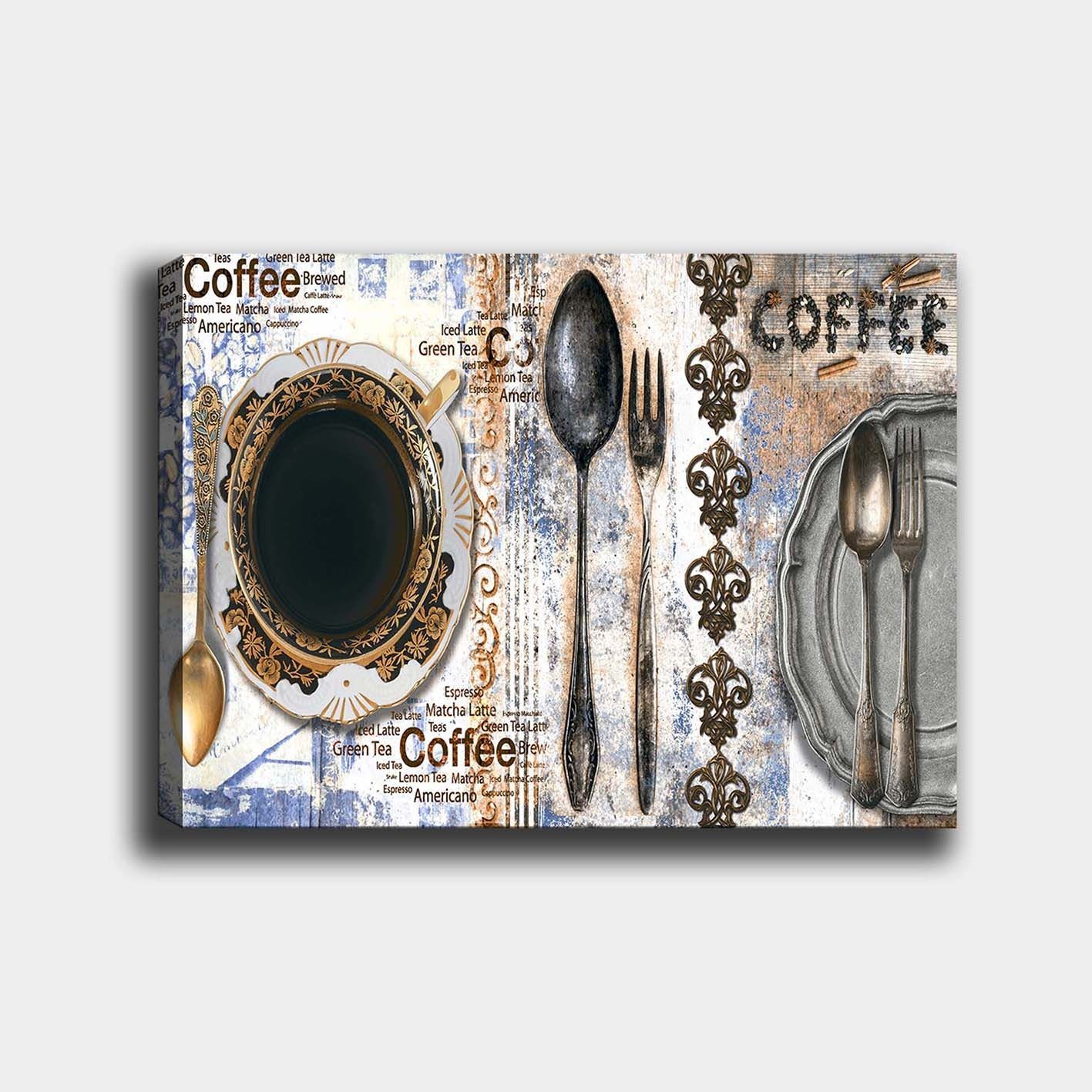 Lerretsbilde 70x100 cm - Stilisert kaffekopp med bestikk og tekst som ...