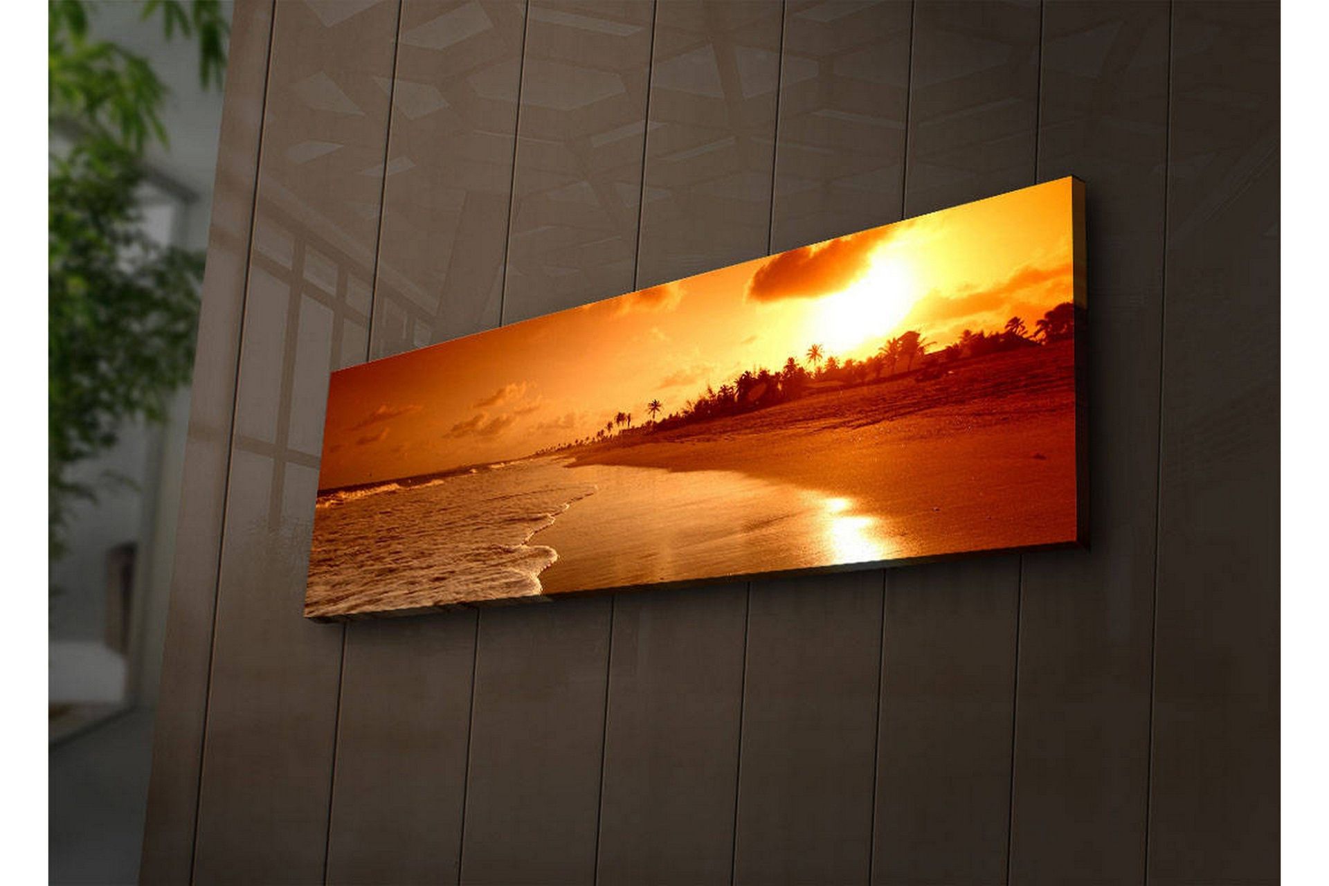 Lerretsbilde med LED-belysning 30x90 cm - Solnedgang over en strand med ...