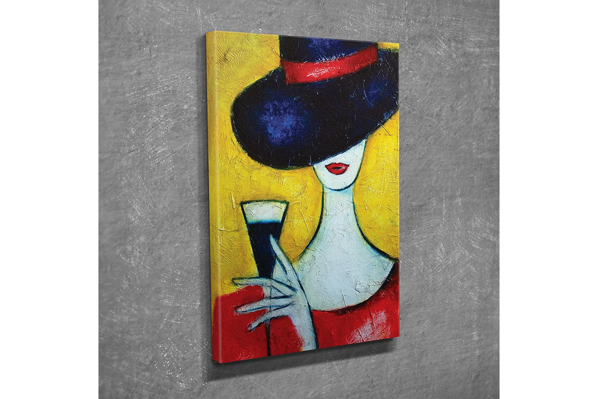 Lite lerretsbilde 30x40 cm - Elegant kvinne med stor hatt og glass i ...