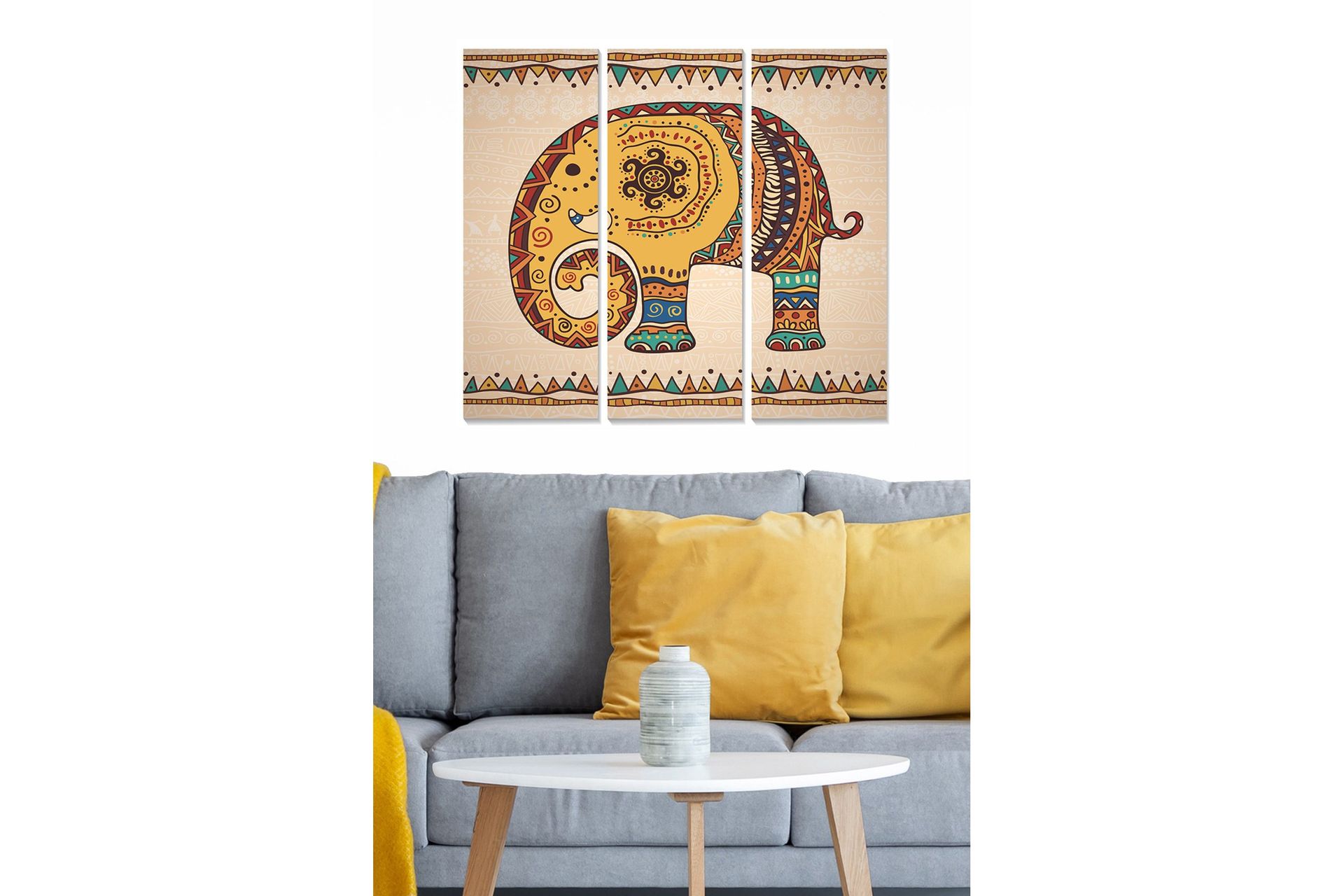 Trelerret 3-delt 50x70 cm - Mønstret elefant i sterke farger Gul / Rød ...