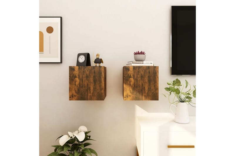 Vegghengte TV-benker 2 stk røkt eik 30,5x30x30 cm Brun - Møbler - Chilli